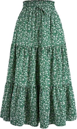 Onsoyours Rock Damen Hohe Taille Elastisch Blumen R&ouml;cke A-Linie Maxirock Boho Strandrock Sommerrock A Gr&uuml;n M