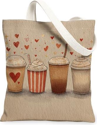 Generic Sacs fourre-tout en toile avec motif coeur, motif tasse &agrave; caf&eacute;, sacs d&eacute;picerie r&eacute;utilisables, l&eacute;gers et lavables pour la Saint-Valentin,, beige, 13x15