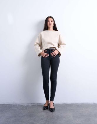 Topshop Joni - Jean skinny &agrave; taille haute - Noir d&eacute;lav&eacute;
