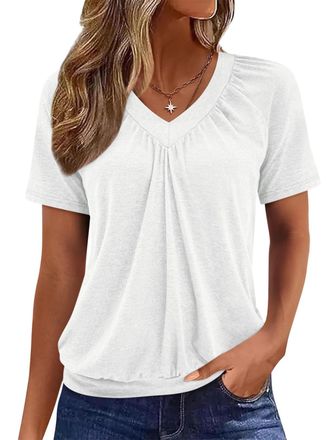 Onsoyours Tshirt Damen V-Ausschnitt T-Shirt Sommer Oberteile Kurzarm Longshirt Causal Falten Tops A Wei&szlig; XXL