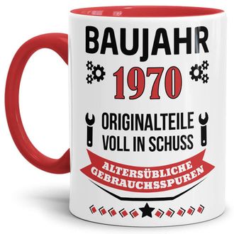 Tassendruck Geburtstags-Tasse Baujahr 1970 Innen & Henkel Rot/Kaffee-Tasse/Mug/Cup/Becher/Lustig/Witzig/Fun/Geschenk-Idee/Geburts-Jahr/Scherz-Artikel/Geburtstags-