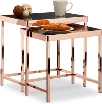 Relaxdays Beistelltisch COPPER 2er Set, Glastisch mit Spiegelglas schwarz, 2 kleine Satztische, Dekotisch modern, Kupfer