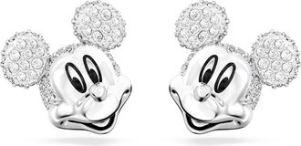 Swarovski Disney Mickey Mouse Ohrstecker, Weiße und Rhodinierte Damenohrringe mit Strahlenden Swarovski Kristallen