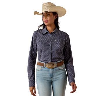 Ariat Womens Kirby Stretch Western Shirt Long Sleeve in Ombre Blue Horseshoe Cotton, Size 2X-Large, by Ariat