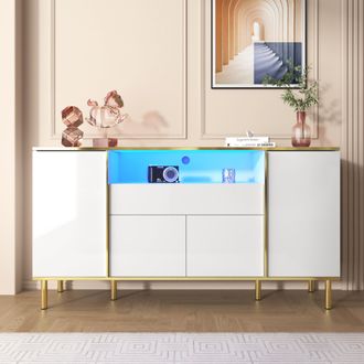 Generic HUQIQWE Sideboard Kommode wei&szlig; Hochglanz 150cm Anrichte mit LED Beleuchtung sowie Schublade Buffetschrank in edler Gold-Optik Beistellschrank f&uuml;r Wohn