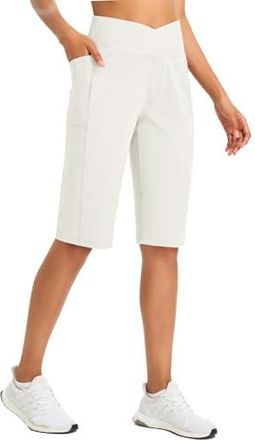 Baleaf Bermuda long pour femme Longueur genou 35,6 cm Taille haute avec poches Yoga, blanc, M