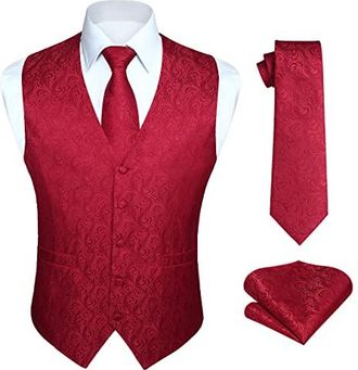 Hisdern Gilet Costume Homme Paisley Floral Jacquard Rouge Gilet Cravate Poche Carre Mouchoir Gilets Sans Manche Ensemble L