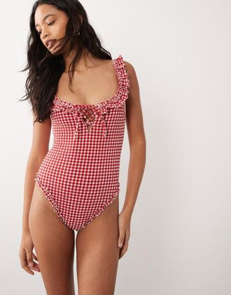 For Love & Lemons Alison - Maillot 1 pi&egrave;ce &agrave; carreaux vichy et bordures volant&eacute;es - Rouge