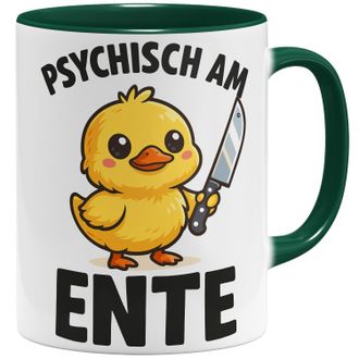 OM3 Psychisch am Ente Kaffee-Tasse mit Spruch - Spruchtasse Fun Motiv - Schwarzem Humor - Keramik Becher - 325ml - Beidseitig Bedruckt - Gr&uuml;n