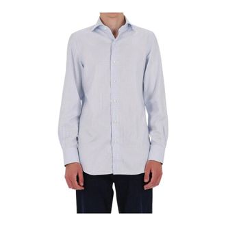 Finamore Homme, Chemises, Bleu, Taille: XL Camicia in cotone micro quadretto linea Milano