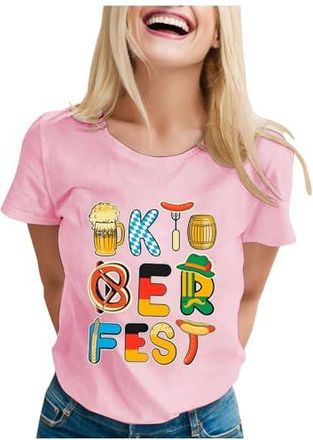 Generic T-shirt tendance pour femme Oktoberfest 2026 | Haut décontracté à manches courtes et col rond imprimé lettres, rose, XXL