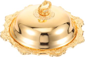 Pretyzoom Goldfarbenes Snacktablett Metall Mit Deckel Rundes Butter Und Obsttablett Kreatives Serviertablett F&uuml;r Tisch Und Party Kleine Ablage F&uuml;r S&uuml;&szlig;igkeiten U