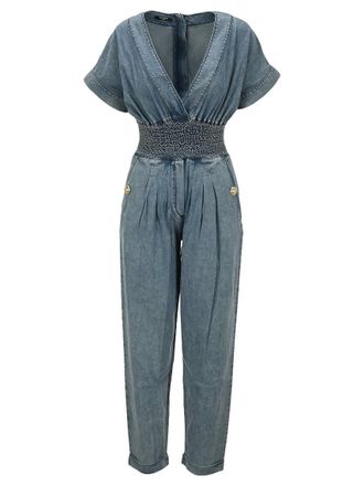 Balmain Blue V-Neck Denim Jumpsuit Size S