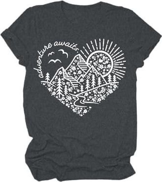 Generic T-shirt pour femme Aventure Attend en Plein air Graphique T-shirt gentillesse Coeur randonn&eacute;e montagne Nature Voyage Chemise Hauts Entra&icirc;nement, gris 