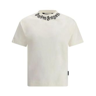 Palm Angels Homme, Tops, Blanc, Taille: XL T-shirt &agrave; Col Brod&eacute; Motif Monochrome