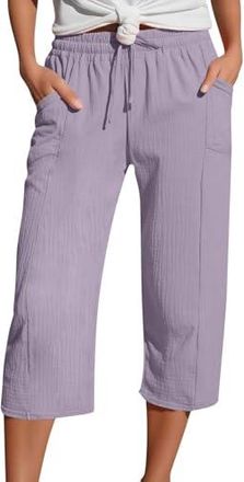 Generic Pantalon court en lin pour femme, pantalon capri pour femme, pantalon d&eacute;t&eacute; d&eacute;contract&eacute;, taille &eacute;lastique, pantalon de jogging 3/4 avec cordon de serra