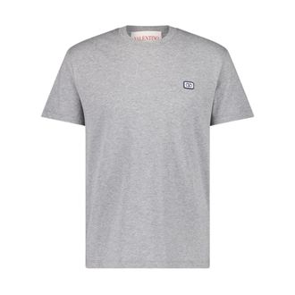 Valentino Garavani Graues Baumwoll-T-Shirt mit VLogo-Patch - - Tops - Herren - Grau - S