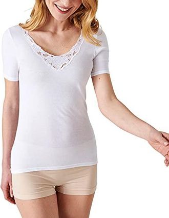 Damart T-Shirt Manches Courtes Essential Pur Coton peigné Femme Blanc Taille 50-52 (XL)