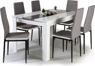 IDMarket Set aus Esstisch GEORGIA 140 cm wei&szlig; und grau und 6 St&uuml;hlen ROMANE grau mit wei&szlig;er Umrandung