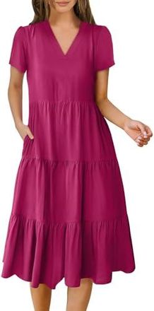 Generic Robe dété pour femme, grande taille, robe trapèze, robe à volants et col en V, robe à manches courtes, robe dété de couleur unie, robe dété au-dessus 