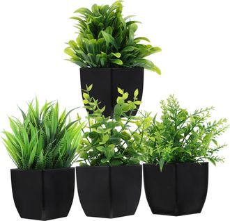 Cabilock 4 St&uuml;ck K&uuml;nstliche Pflanzen im Schwarzen Topf Mini Fake Plants f&uuml;r Badezimmer B&uuml;ro und Wohnr&auml;ume Pflegeleicht und Realistisch f&uuml;r Kleine R&auml;ume und Dek