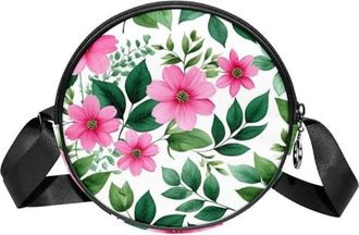 Generic Petit sac &agrave; bandouli&egrave;re circulaire pour femme, motif feuilles florales, sac &agrave; dos avec fermeture &eacute;clair, bretelles r&eacute;glables, sac &agrave; main rond d&eacute;contra