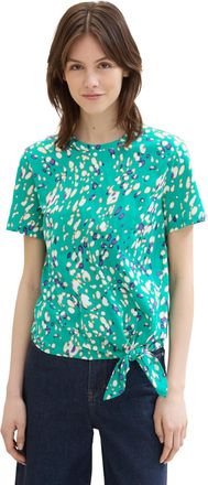 Tom Tailor Damen Basic T-Shirt mit Knotendetail, abstract green dot print, XL