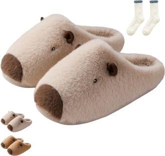 Generic Capybara Pantoufles pour femme en peluche 3D chaude Capibara Hous Pantoufles mignonnes moelleuses antid&eacute;rapantes pour int&eacute;rieur et ext&eacute;rieur, beige, 3
