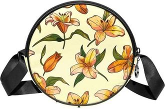 Generic Petit sac &agrave; bandouli&egrave;re rond pour femme, motif fleurs de lys avec fermeture &eacute;clair, bretelles r&eacute;glables, sac &agrave; main rond d&eacute;contract&eacute; pour femmes et fi