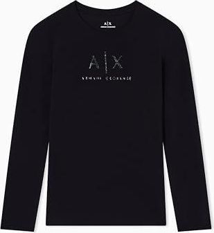 A|X Armani Exchange Long Sleeve Front Strass Logo Slim Fit T-Shirt, Noir, XXL Femmes