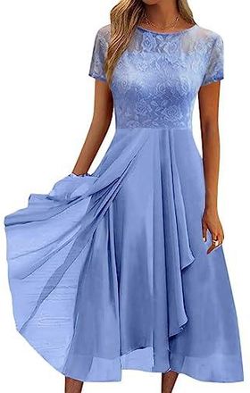 Minetom Robe Femme Robe De Cocktail Soirée Bal en Dentelle Mousseline Manche Courte Promo Demoiselle Honneur pour Fête Cérémonie Anniversaire Bal Mariage Robe