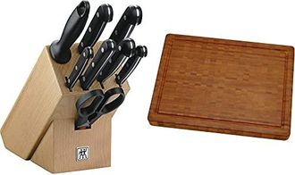Zwilling Messerblock (8-tlg.) und Schneidebrett, Bambusblock, Messer/Schere aus rostfreiem Spezialstahl/Kunststoff-Griff, Twin Gourmet