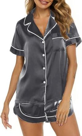 Generic Ensemble de pyjama 2 pi&egrave;ces en satin pour femme - Ensemble de v&ecirc;tements de nuit en satin pour femme - T-shirt &agrave; manches courtes et pantalon &agrave; boutons 