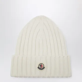 Moncler Wei&szlig;e Zopfmuster-Beanie aus Wolle mit Logo