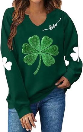 Generic Sweat-shirt de la Saint-Patrick avec imprim&eacute; tr&egrave;fle irlandais pour femme - Motif tr&egrave;fle porte-bonheur - Grande taille - Haut &agrave; manches longues - Col e