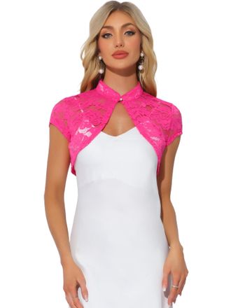 Allegra K Damen Sommer Spitze Bolero Strickjacke Kurzarm Hochzeit Leicht Elegante Festlich J&auml;ckchen f&uuml;r Abendkleid Rose XL