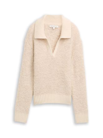 Tom Tailor Damen 1049148 Boucl&eacute; Strickpullover mit Kragen, 36844-Sand Stone Beige Melange, M
