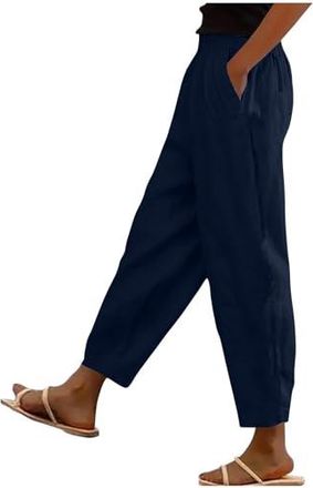 Generic Pantalon en coton et lin pour femme, pantalon court taille &eacute;lastique, pantalon en coton avec poches, pantalon d&eacute;contract&eacute; &agrave; jambe droite, pantalon l&eacute;g