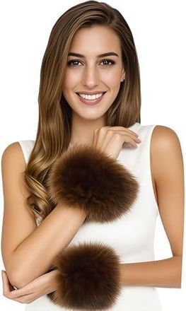 Lina & Lily Poignets dhiver pour femmes - Chauffants en fausse fourrure duveteuse, marron clair, taille unique