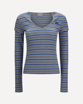 Ganni Ribbed V-neck long-sleeve T-shirt Female XS