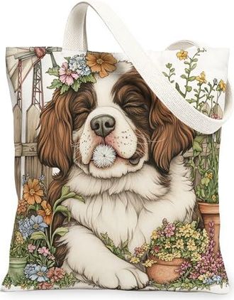 Generic Sac fourre-tout en toile r&eacute;utilisable pour le shopping Motif chien du printemps Saint-Bernard 33 x 38,1 cm