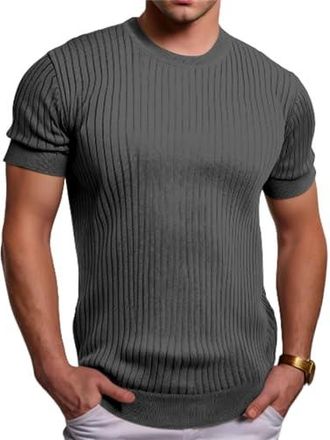 Generic T-shirts en tricot côtelé pour homme - Couleur unie - Style décontracté - Séchage rapide - Manches courtes - Col rond - Coupe ajustée - T-shirt de spo