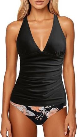 Generic Tankini Maillot De Bain Femme - Tankinis Contr&ocirc;Le du Ventre Maillot De Bain 2 Pieces Col en V Swimwear Uni Push Up Ronde Swimsuit Natation