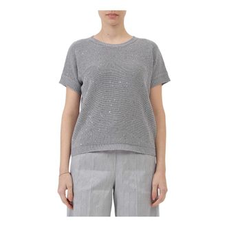 Le Tricot Perugia Pailletten Rundhals Kurzarm Top - - Knitwear - Damen - Grau - XS