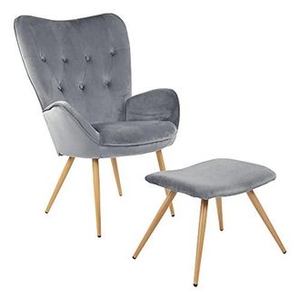 Albatros-Moebel Fauteuil &agrave; oreilles, avec tabouret, gris - Vintage et &eacute;l&eacute;gant - Housse en velours - &Eacute;l&eacute;gant et certifi&eacute; SGS - Fauteuil de lecture ou fauteuil de relax