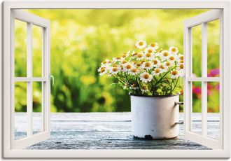Artland Wanddeko Leinwand Bilder Wandbild 100x70 cm Fensterblick Fenster Botanik Blumen Gänseblümchen Garten Frühling T4UG