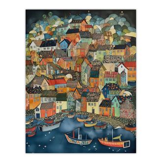 Wee Blue Coo Seaside Town Port Folk Art Watercolour Painting Colourful Coastal Townscape Unframed Wall Art Print Poster Home Decor Premium