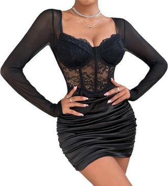 Generic Robe Corset Transparente en Maille de Dentelle pour Femmes, Robes Moulantes fronc&eacute;es &agrave; Manches Longues et &agrave; col en coeur (Noir,TP)