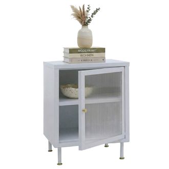 Mendler Nachttisch HWC-O87, Beistelltisch Nachtschrank Schrank, Industrial Stauf&auml;cher Metall Schilfglas 55x41x41cm - wei&szlig;