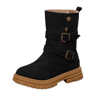 Generic Bottes mi-mollet pour femme - Doublure en polaire - Confortables - &Eacute;l&eacute;gantes - Style r&eacute;tro - Boucle &agrave; bout rond - Talon bas et &eacute;pais - Bottes dhiver c